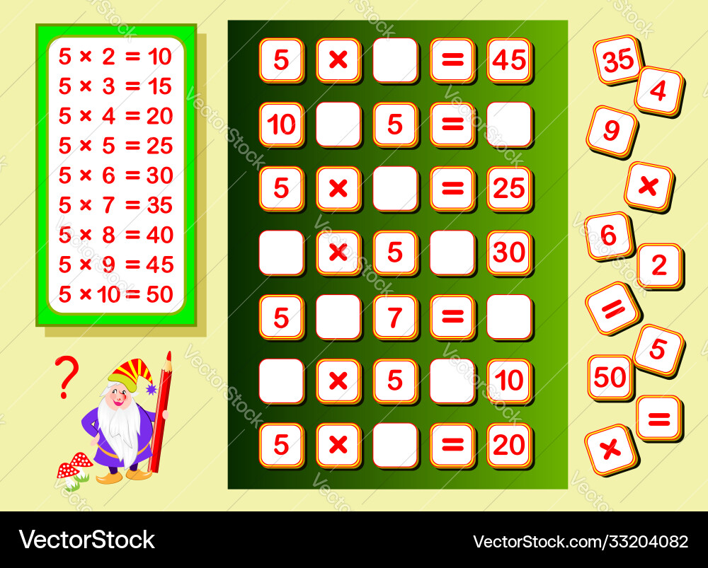 Multiplication table 5 for kids find places Vector Image