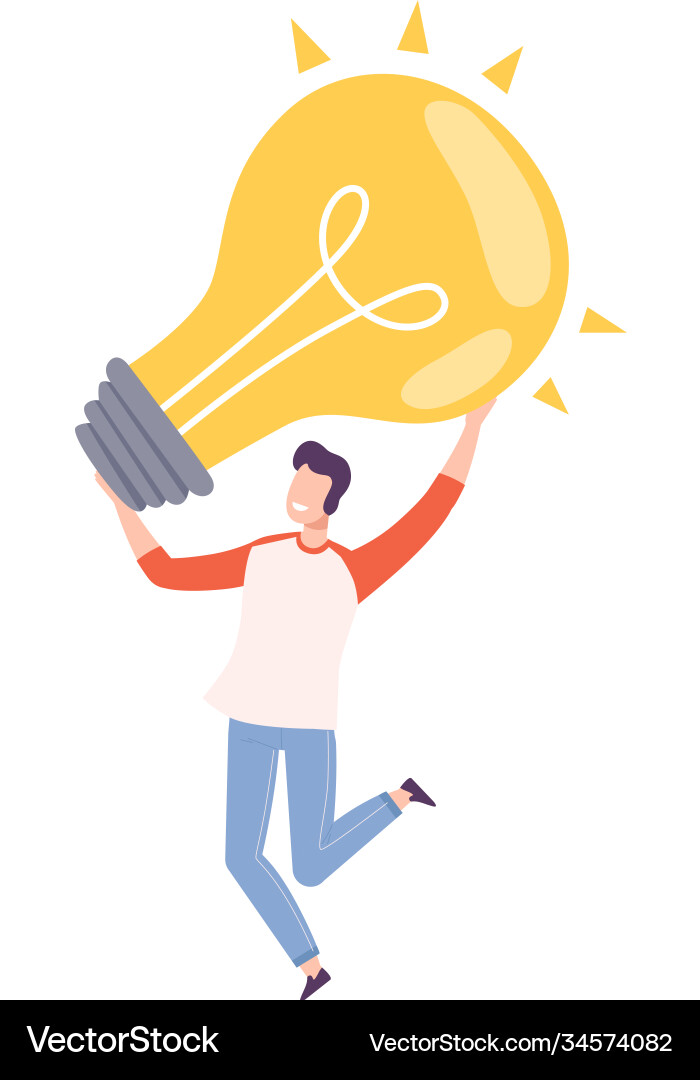 Young man holding big glass light bulb Royalty Free Vector