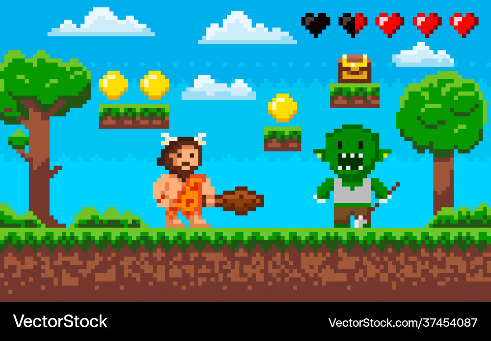 Brave caveman with baton fighting against monster Vector Image