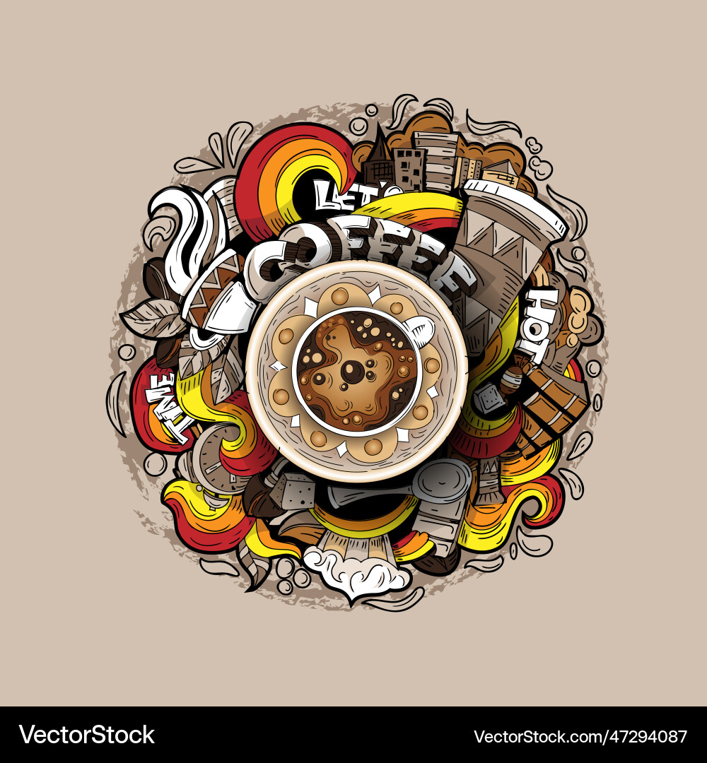 Coffee cup and letters cartoon image with doodles Vector Image