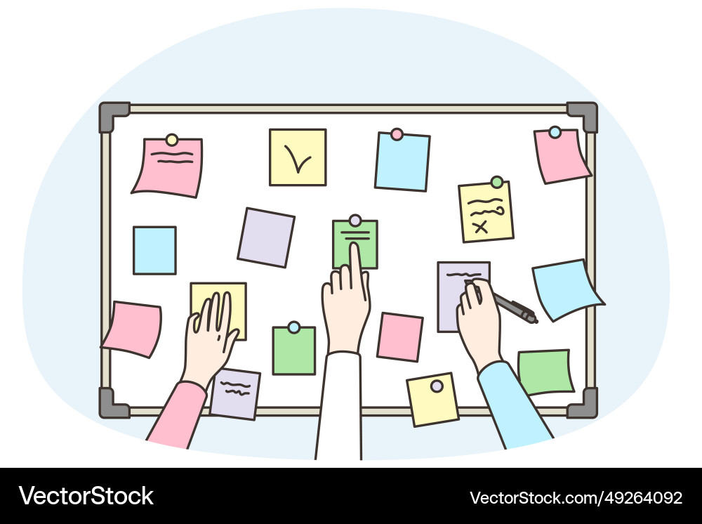 Colleagues brainstorm using sticky notes on board Vector Image