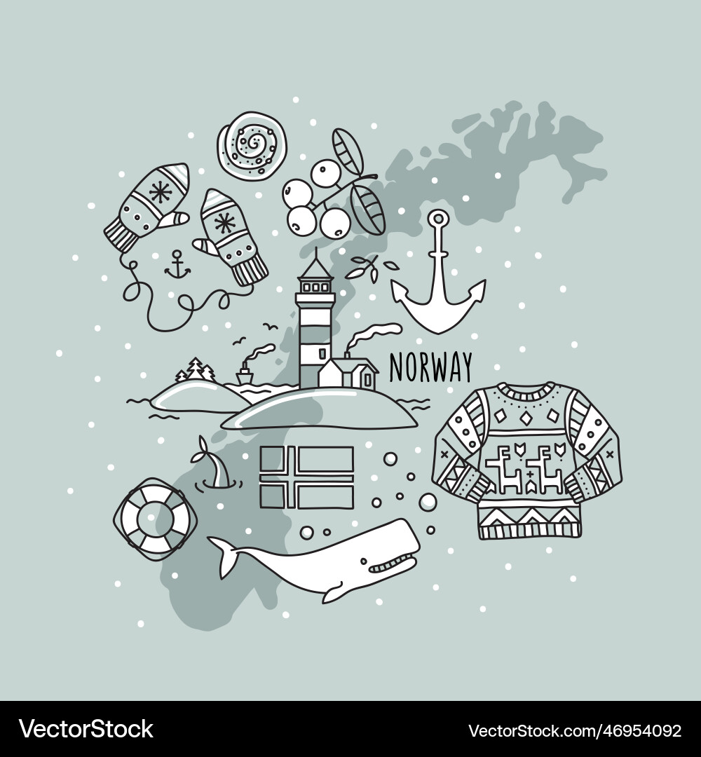 Norway doodle set with symbols flag and map Vector Image