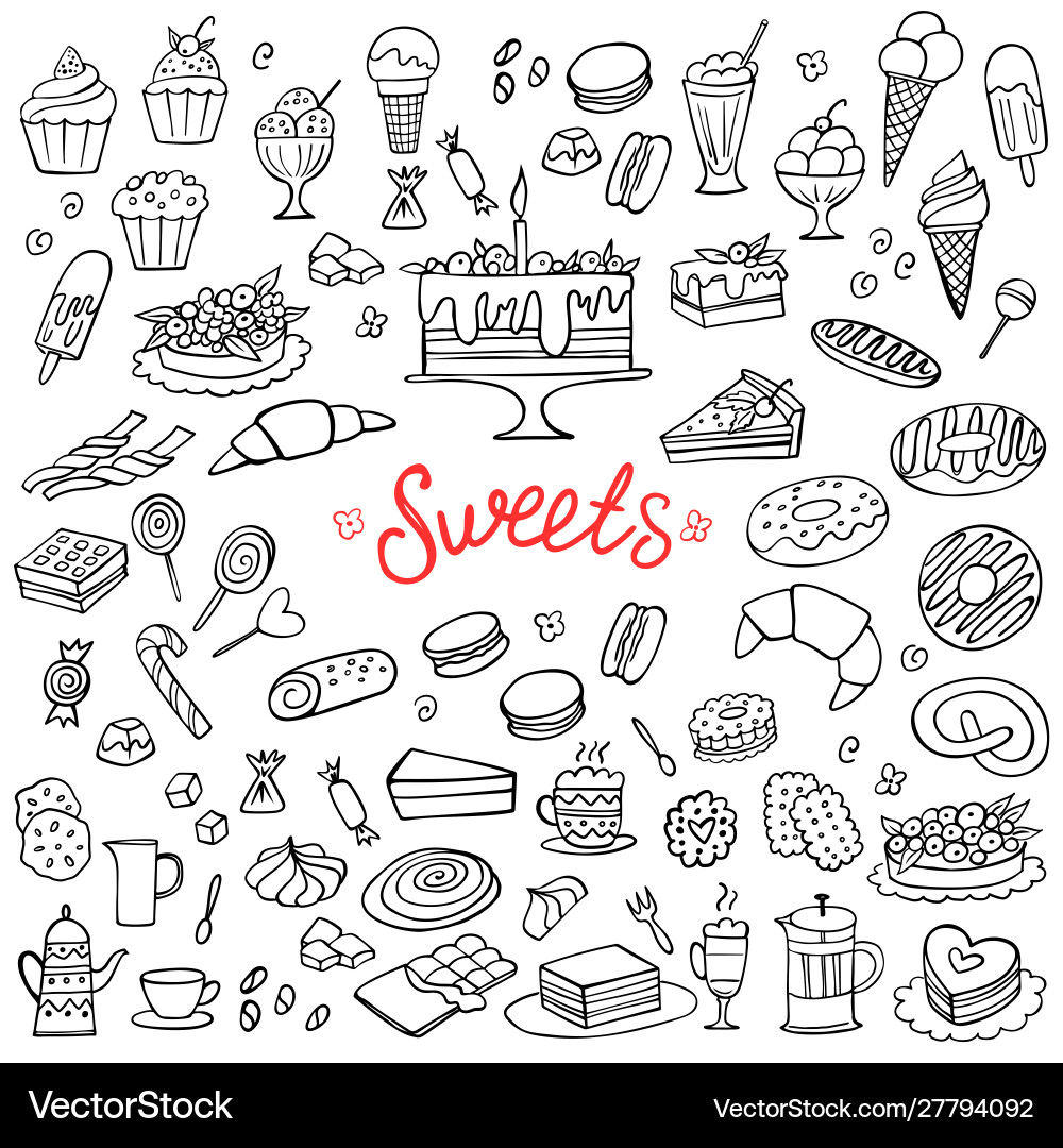 Set doodle sweets food on white cakes Royalty Free Vector