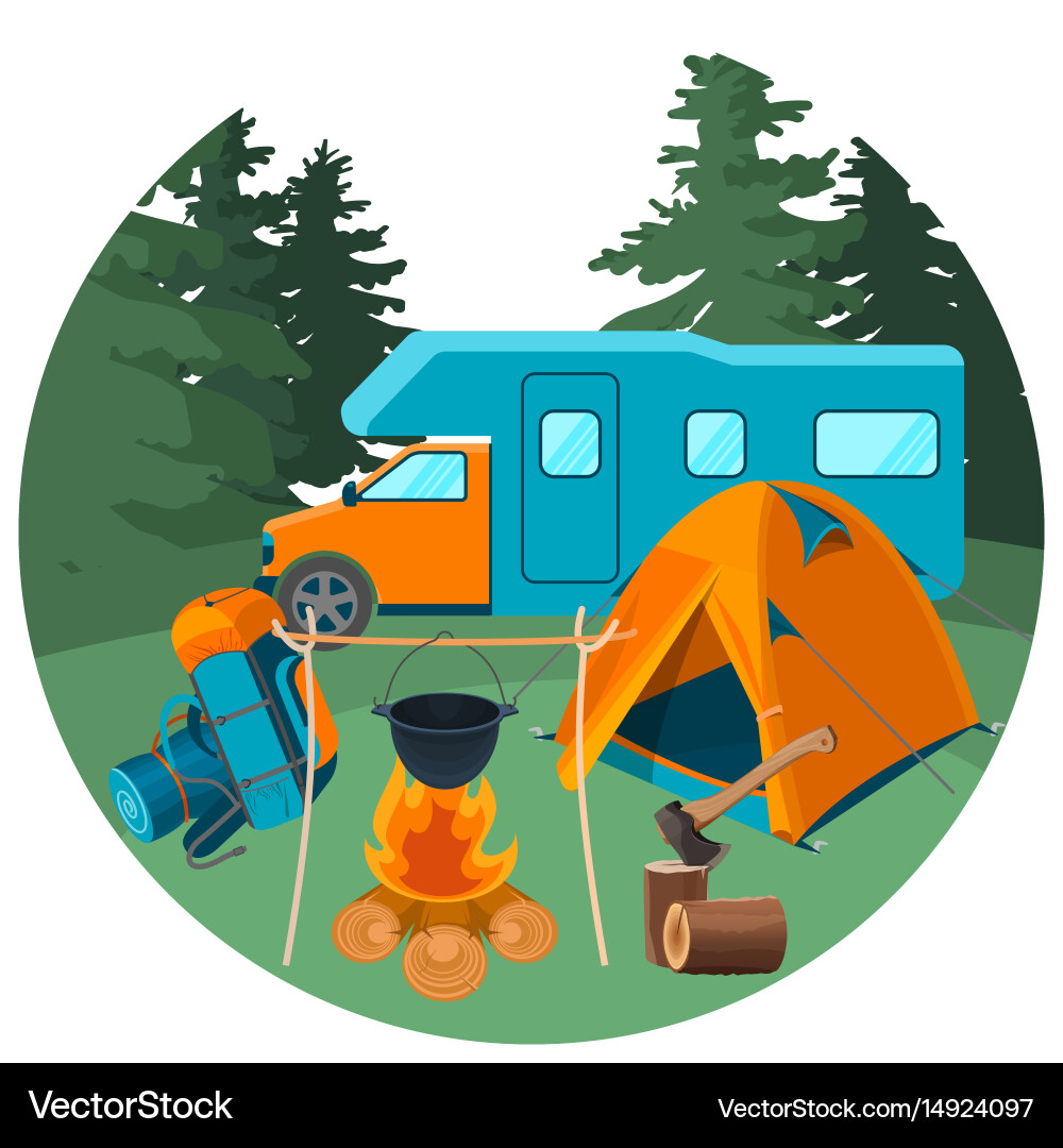 Caravan in forest with picnic equipment Royalty Free Vector