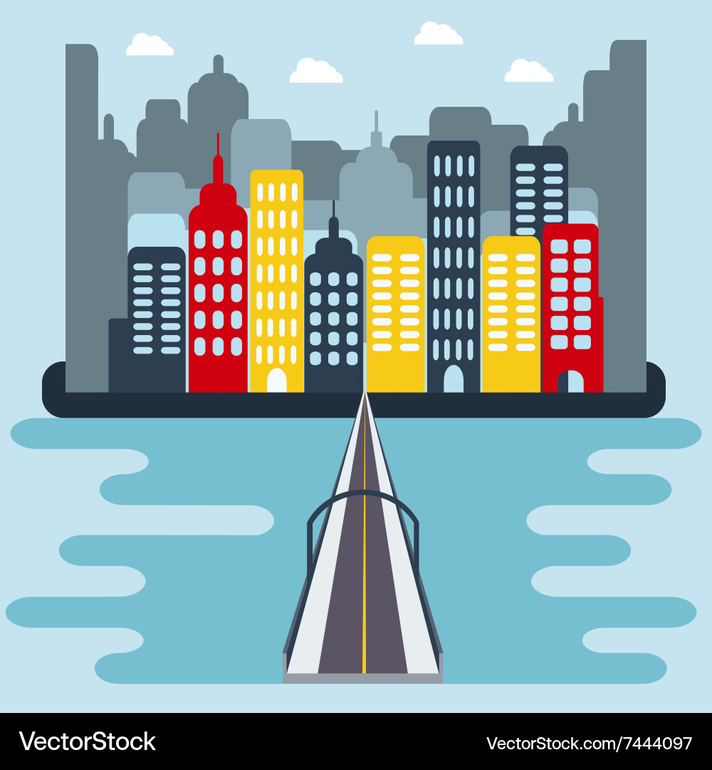 Flat cityscape with buildings and bridge over Vector Image