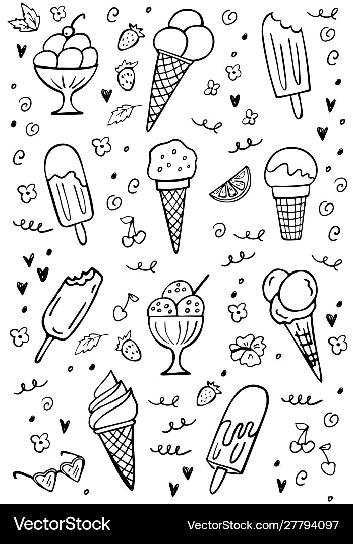 Set doodle ice cream on white perfect Royalty Free Vector