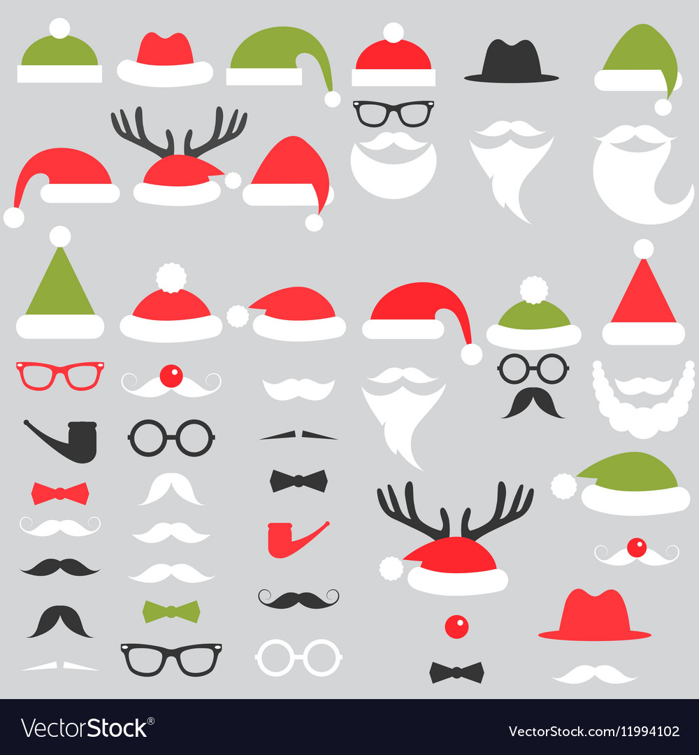 Set of santa hats mustache and beards Royalty Free Vector