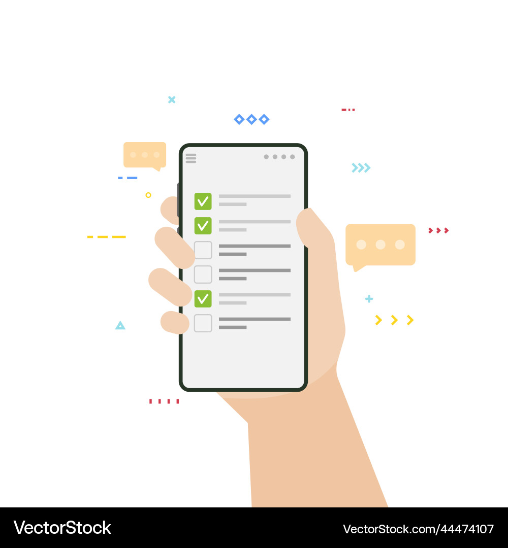 Hand and phone with checklist app Royalty Free Vector Image