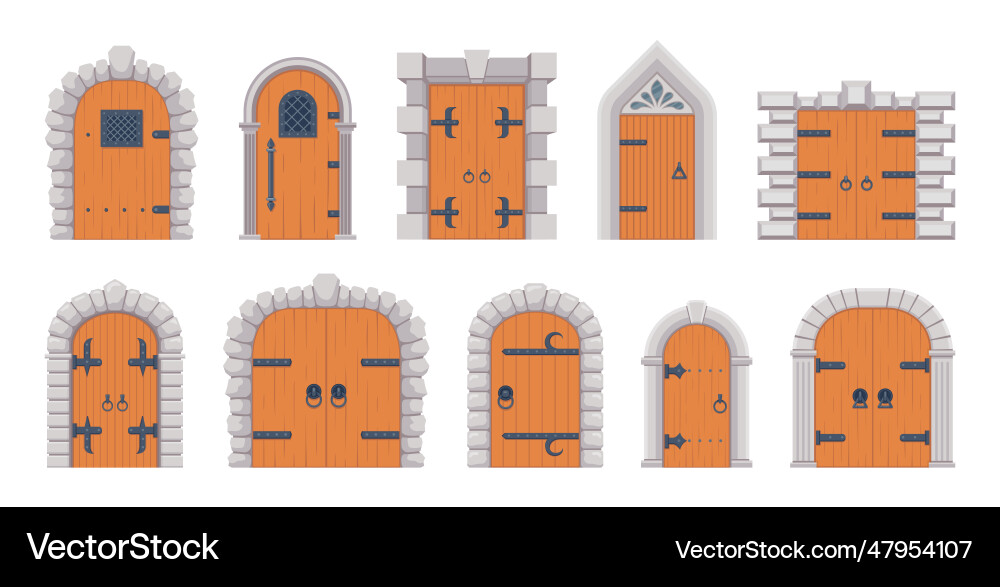 Medieval wooden doors with brick stone arch Vector Image