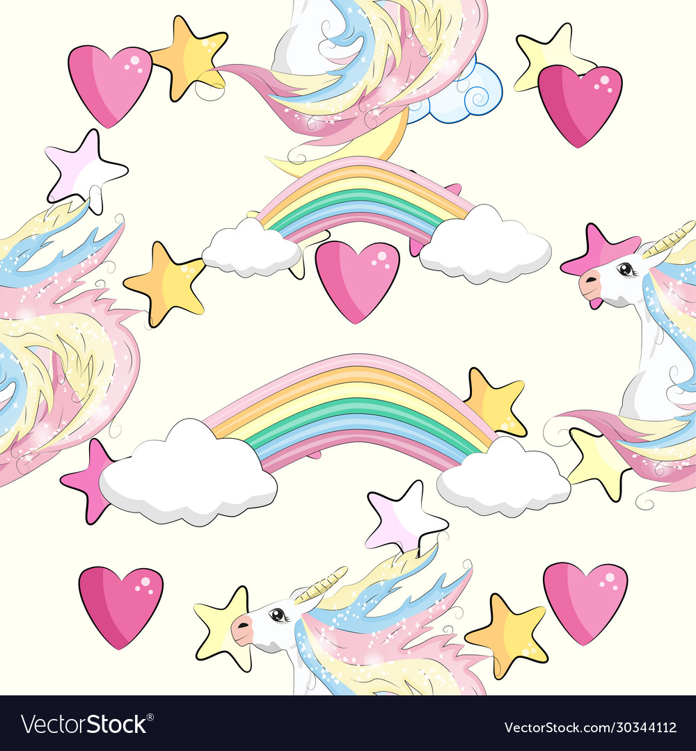 Pattern with cute unicorns cloudsrainbow Vector Image
