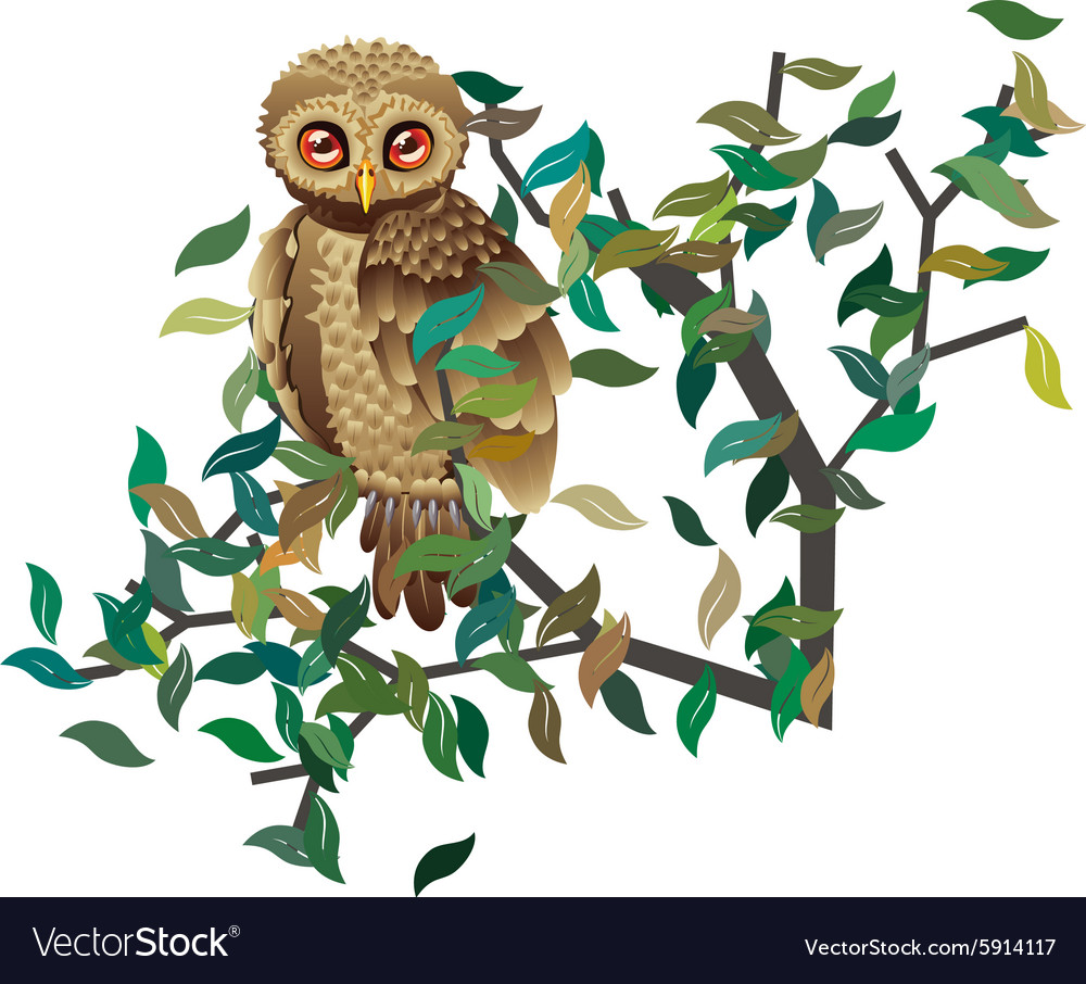 Owl on branch with leaves Royalty Free Vector Image