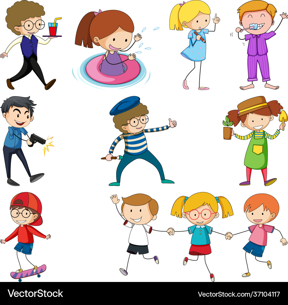 Set different doodle kids cartoon character Vector Image
