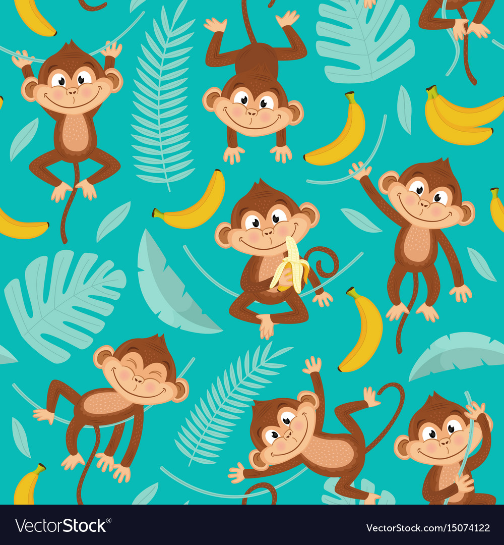 Seamless pattern with monkey on blue background Vector Image