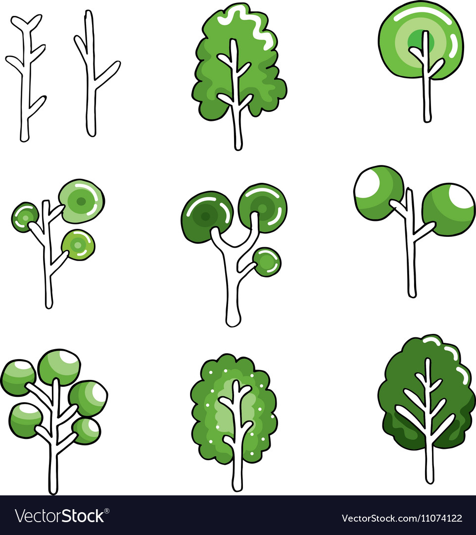 Various green tree in doodles Royalty Free Vector Image