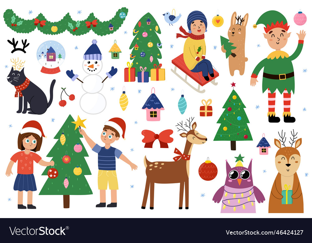 Cute christmas elements set doodle winter objects Vector Image