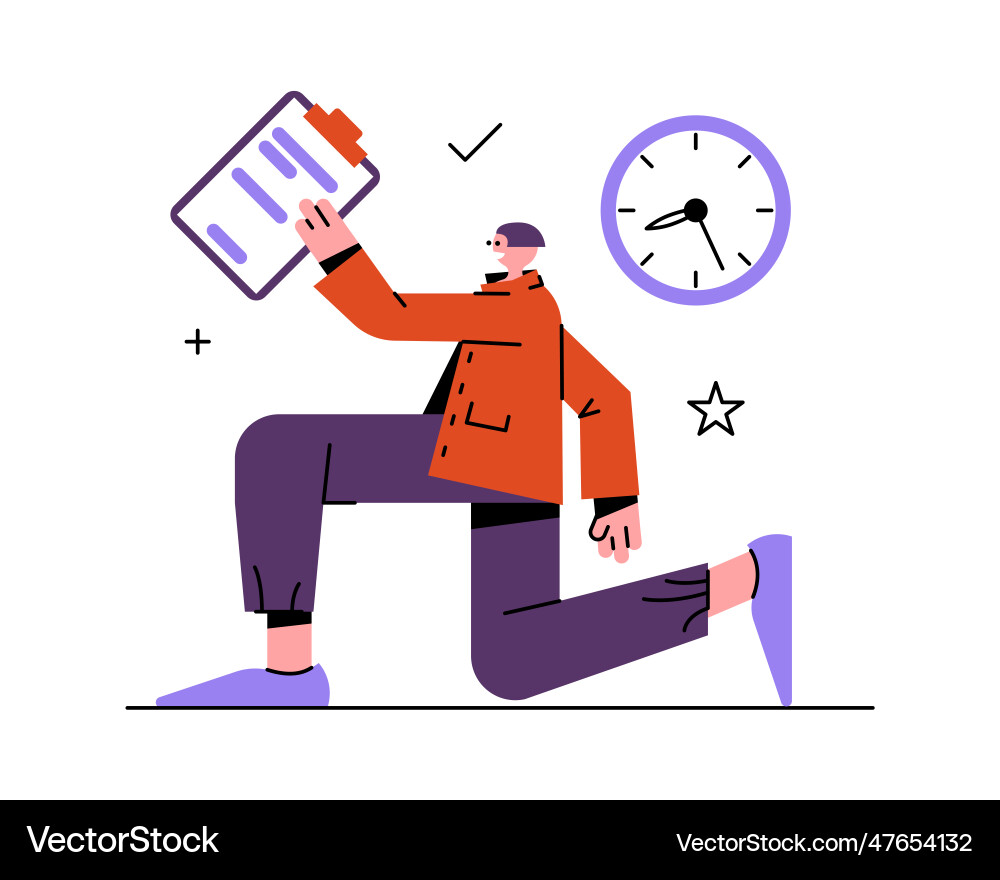 Man holding clipboard and doing job on time Vector Image