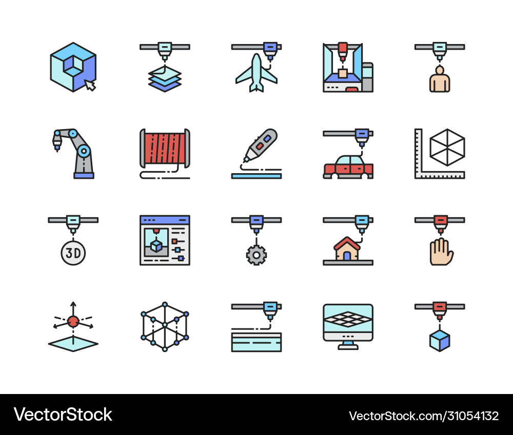 Set 3d printing color line icons 3d modeling Vector Image