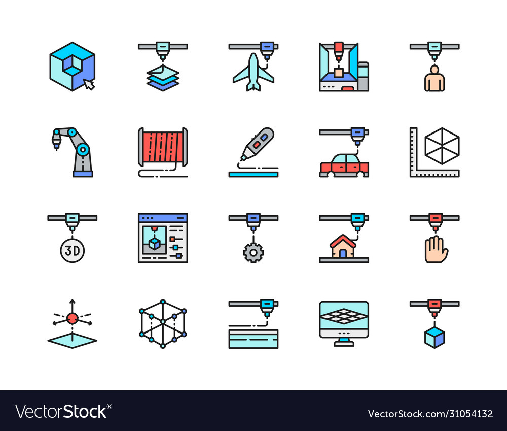 Set 3d printing color line icons modeling Vector Image