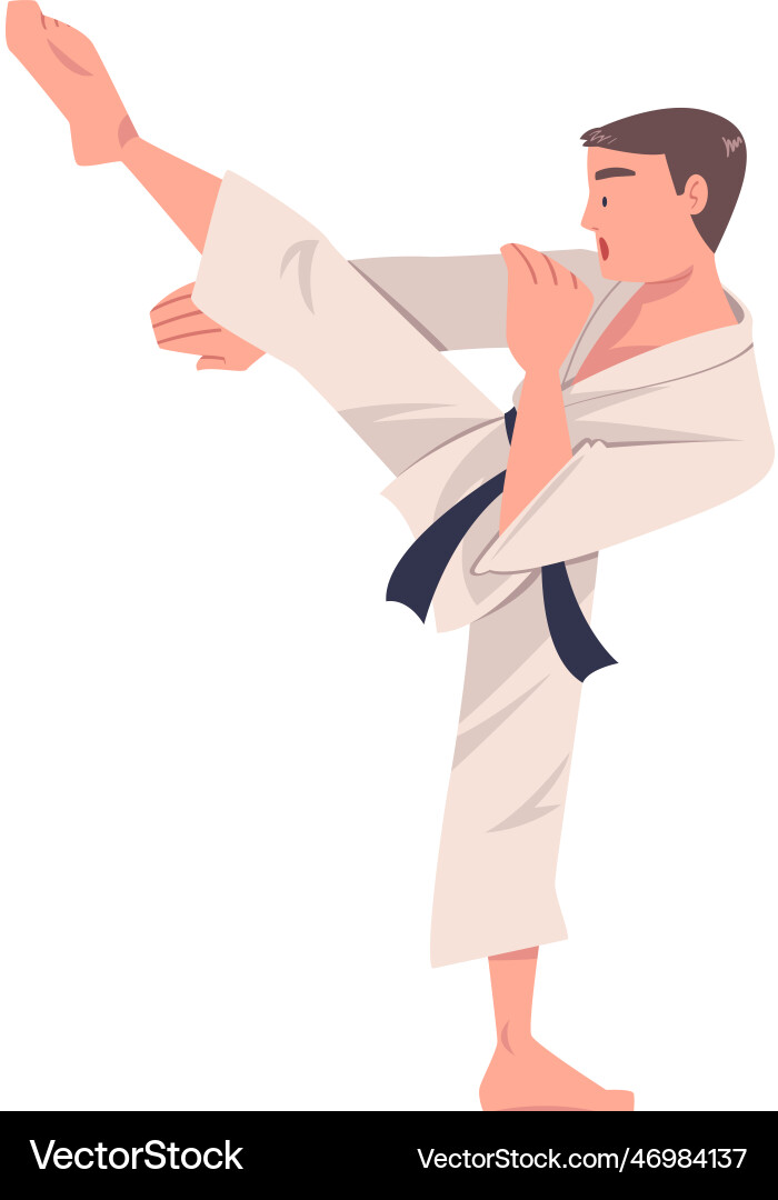 Young man doing karate wearing kimono and black Vector Image