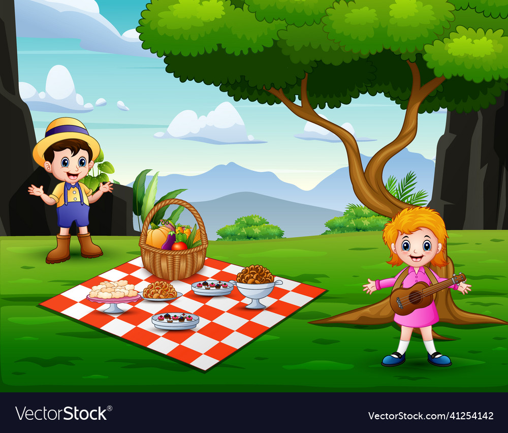 Cartoon of a boy and girl having picnic together Vector Image