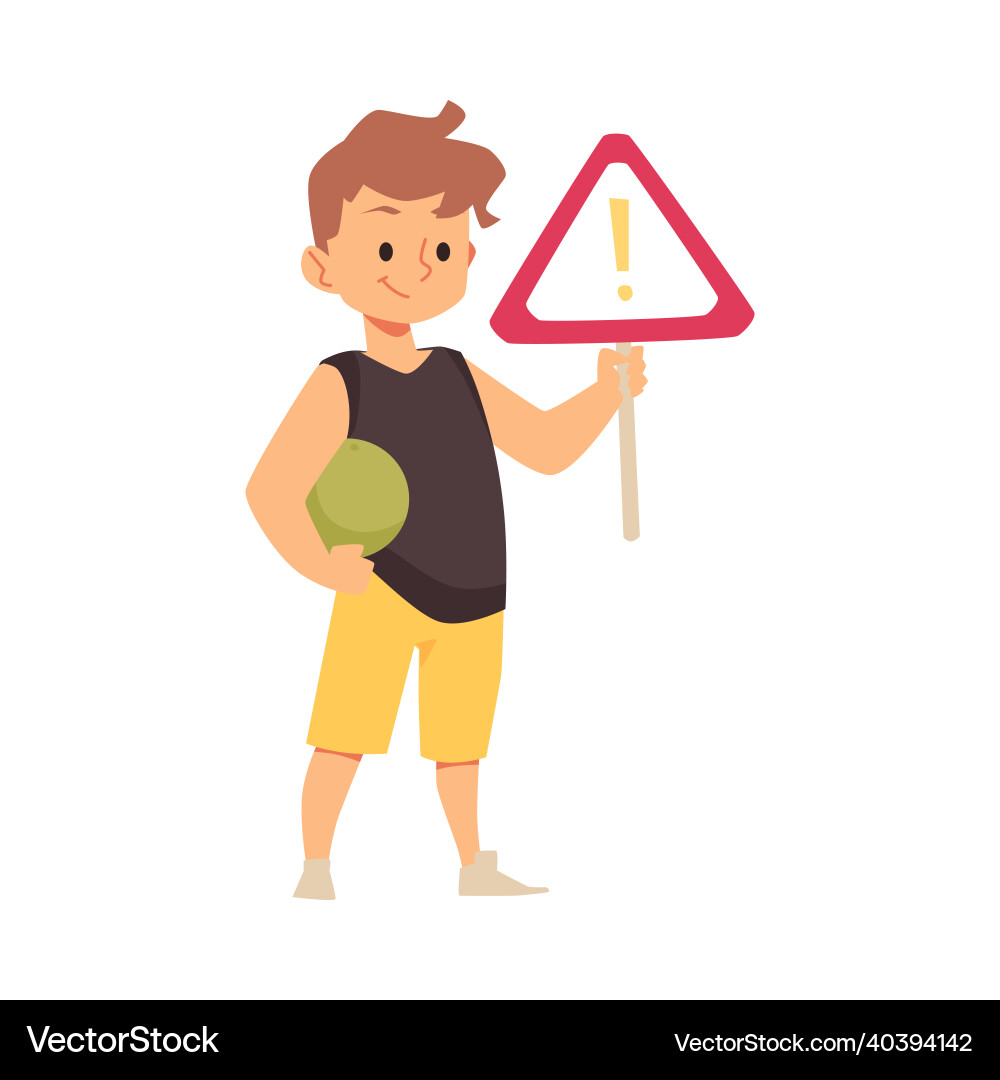 Child boy with road hazard warning sign flat Vector Image