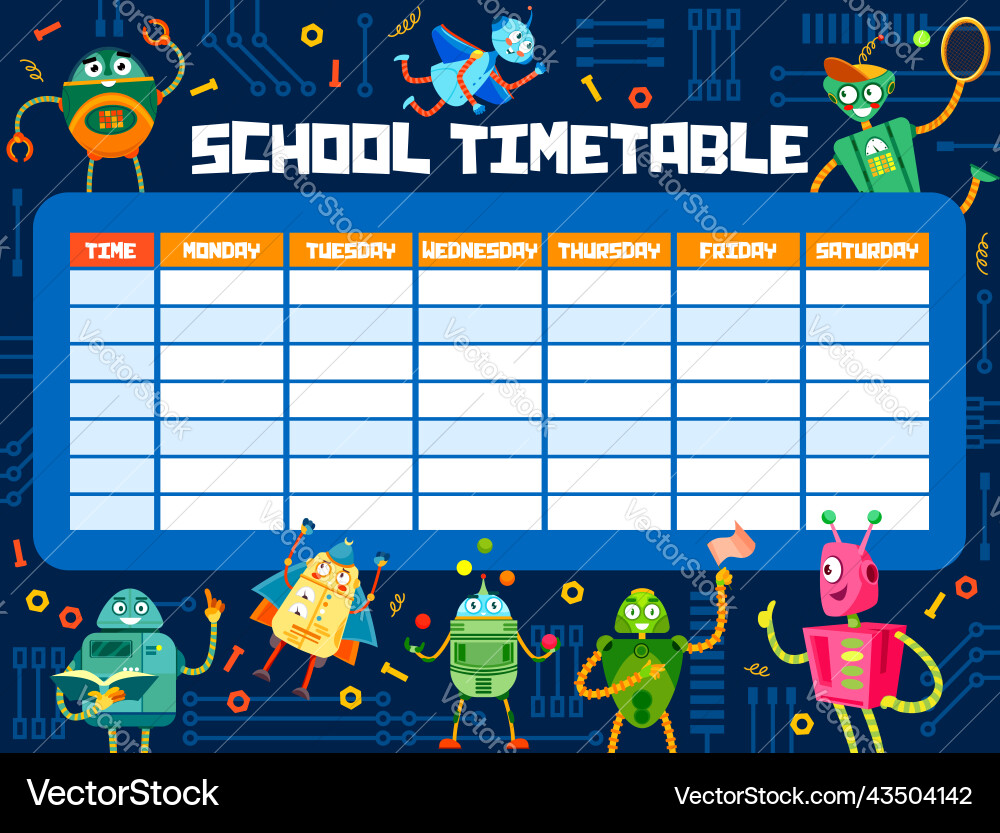 Kids timetable schedule with cartoon funny robots Vector Image