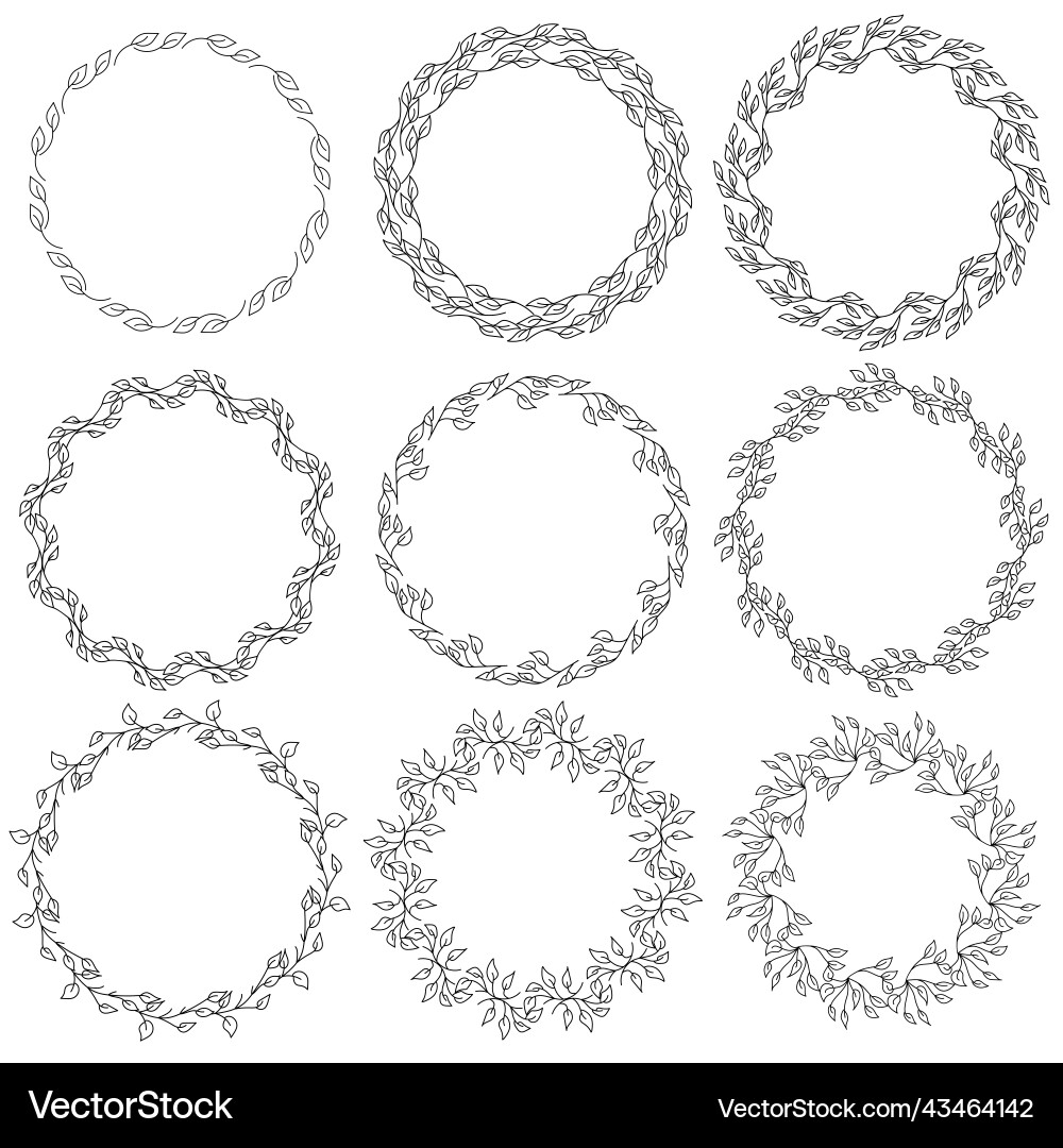 Set of round frames from doodle leaves delicate Vector Image