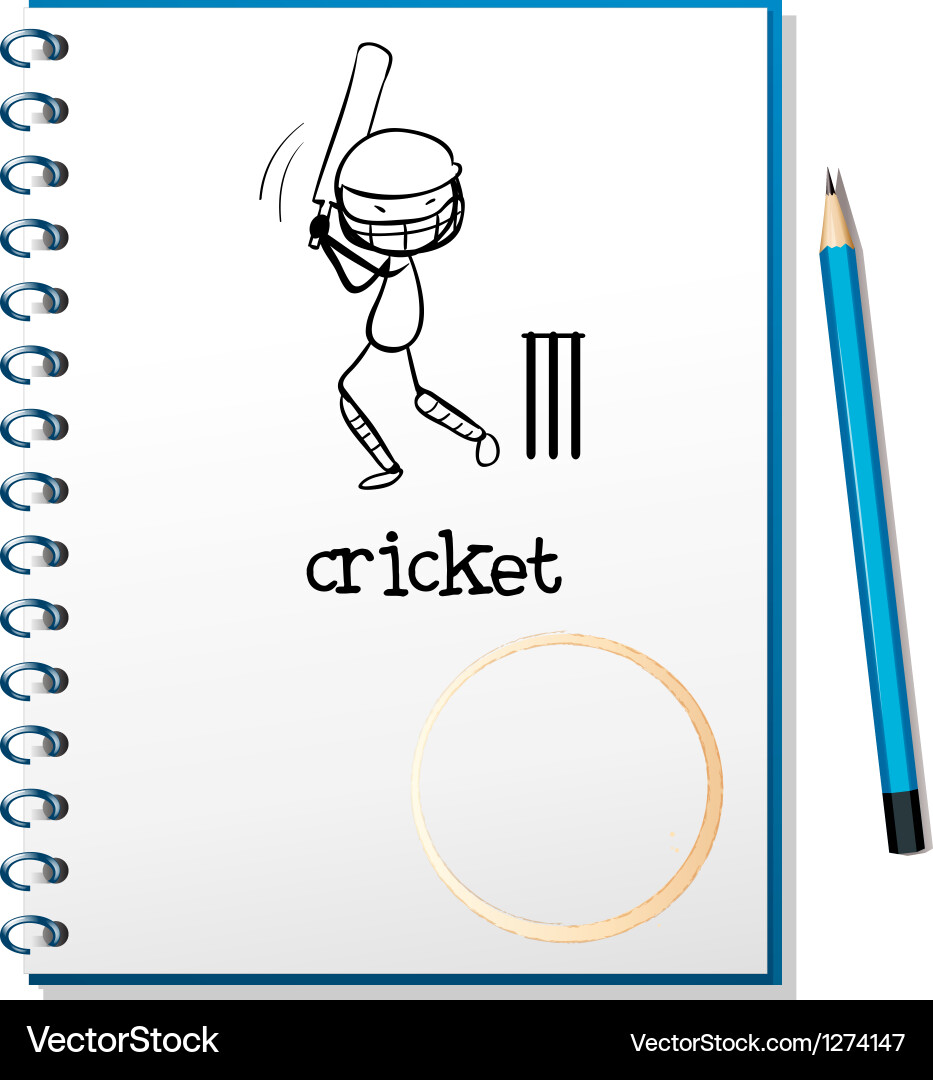 A notebook with sketch of man playing cricket Vector Image