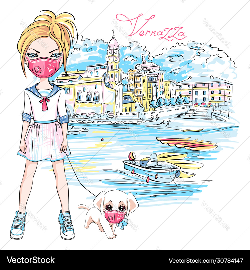 Bagirl walk a dog on quarantine Royalty Free Vector Image