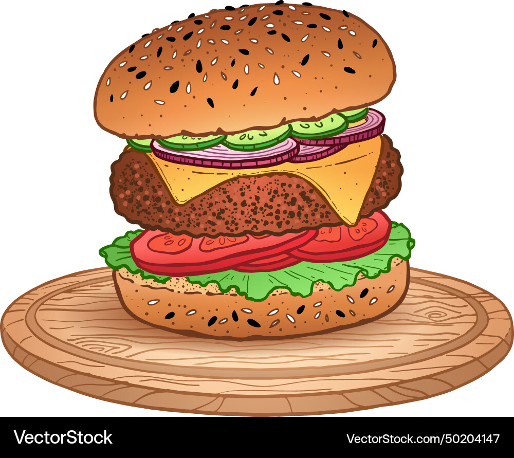 Burger on wooden round cutting board Royalty Free Vector