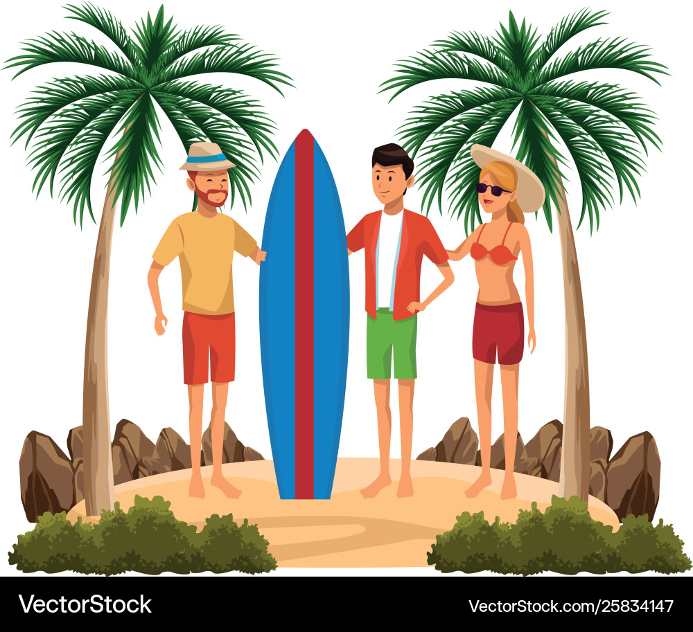 Friends with surf table summer cartoons Royalty Free Vector