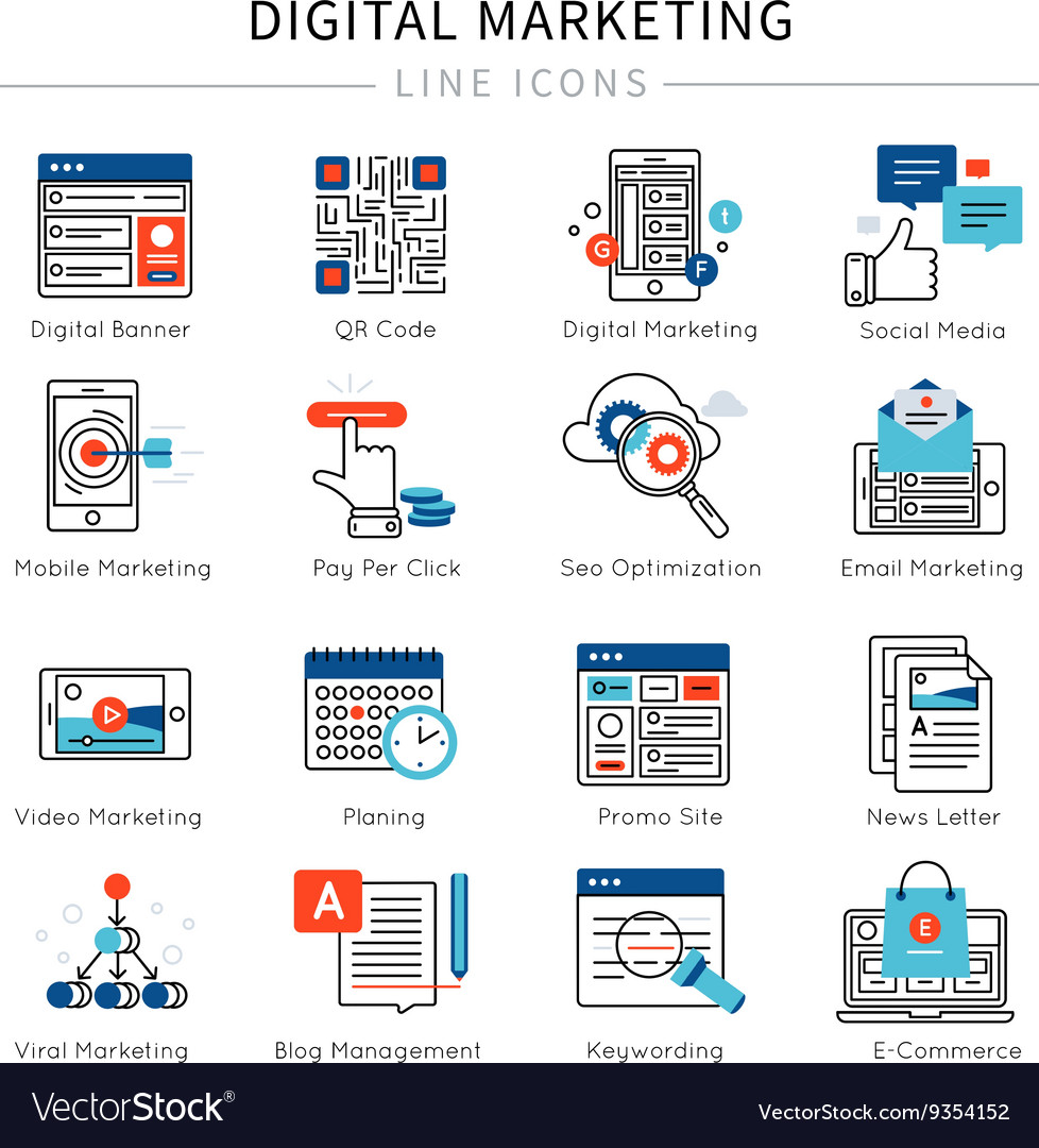 Digital marketing line icon set Royalty Free Vector Image