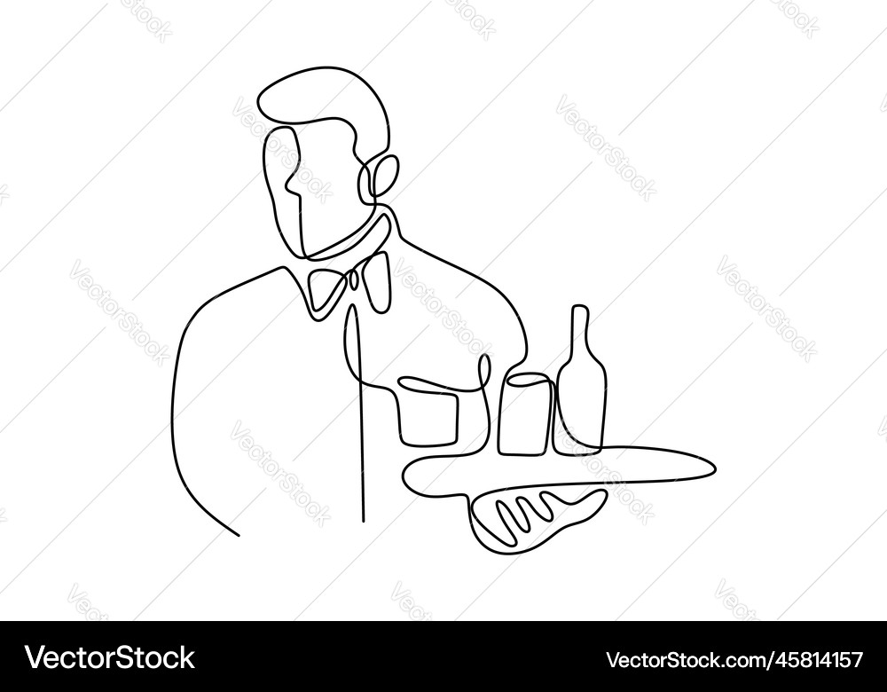 Continuous one line drawing of waitress holding Vector Image
