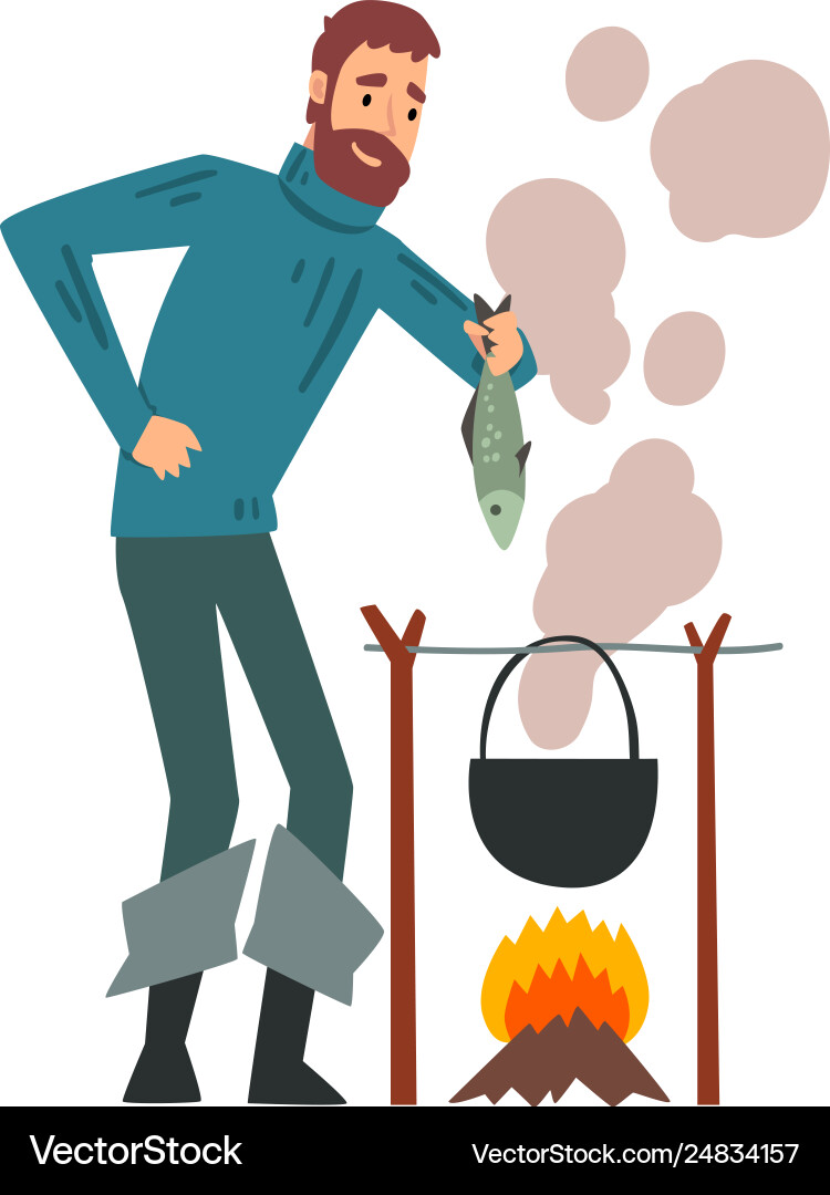Fisherman cooking fish soup in cauldron over Vector Image