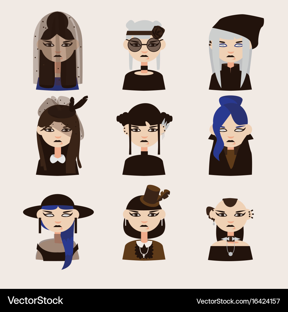 Set with gothic girls characters drawn Royalty Free Vector
