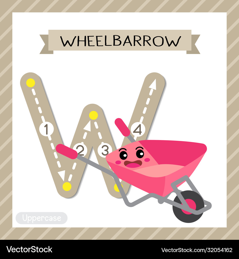 Letter w uppercase tracing wheelbarrow Royalty Free Vector