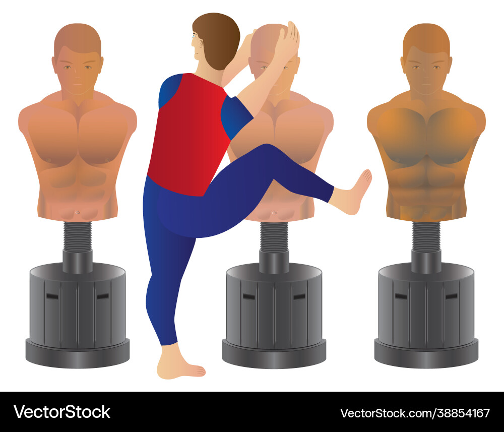 Athlete practices out blows on a sports dummy Vector Image