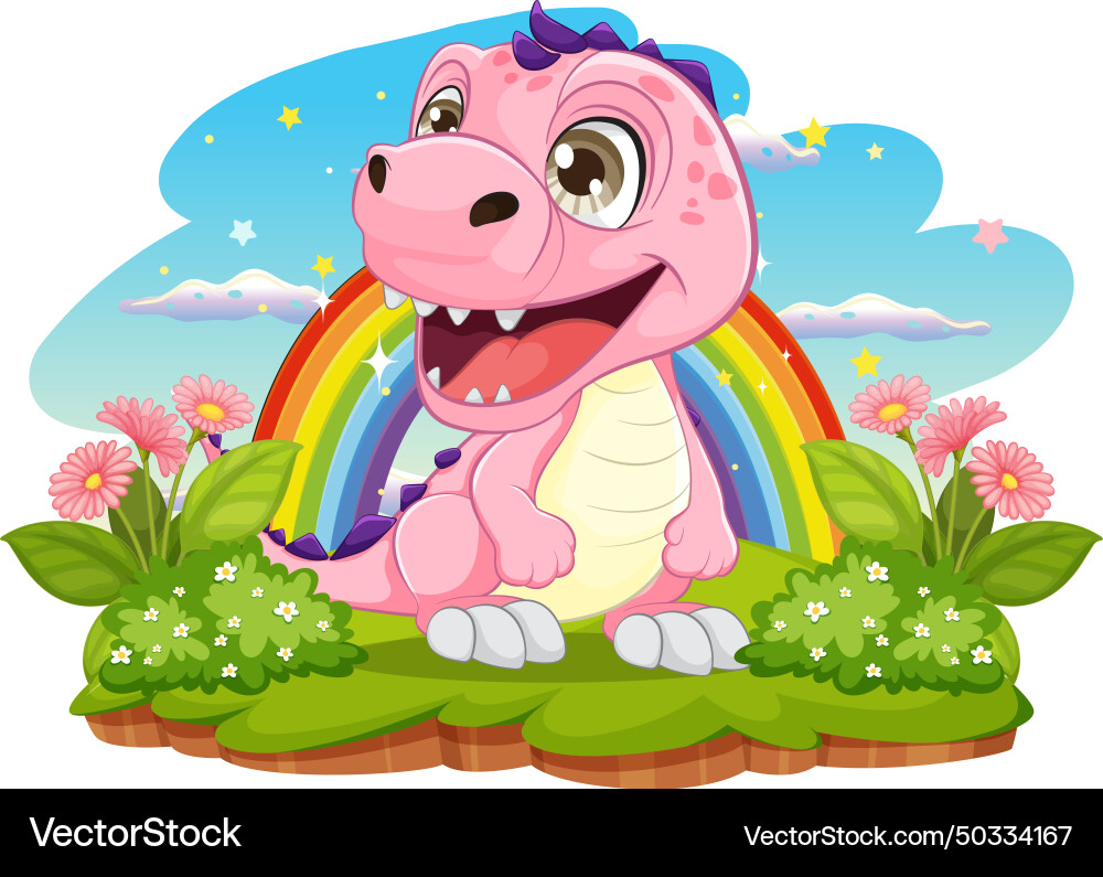 Happy pink dinosaur with a colorful rainbow Vector Image