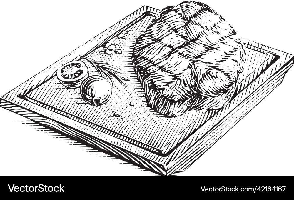Meat steak on wood board hand drawing sketch Vector Image