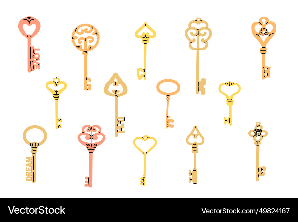 Vintage keys collection in cartoon style Vector Image