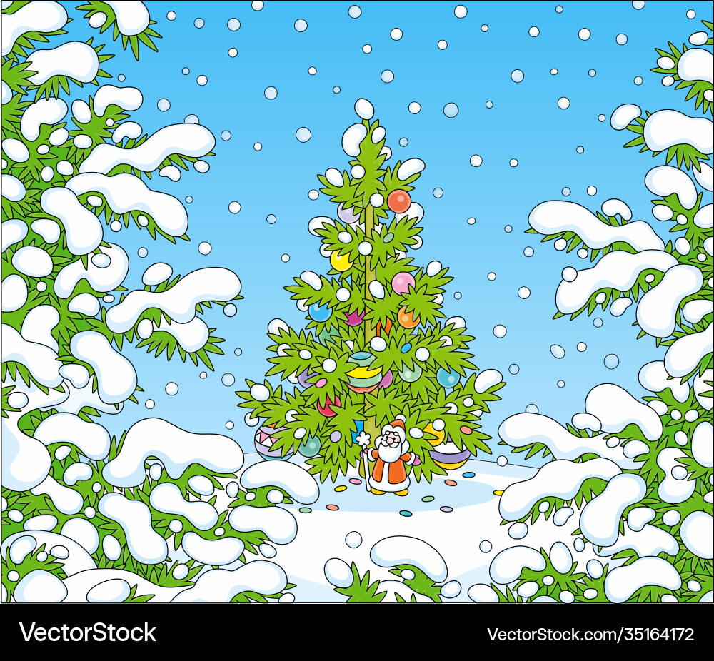 Decorated christmas tree in a snowy forest Vector Image