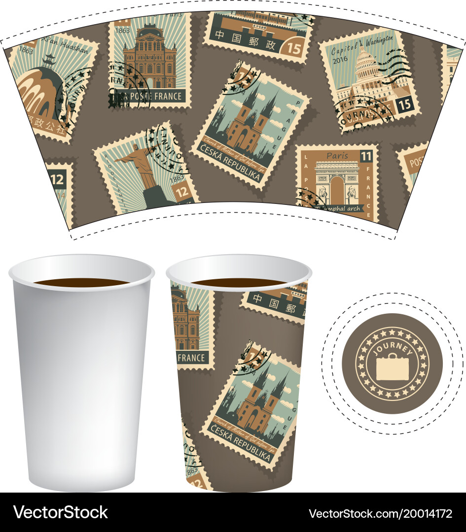 Paper cup for hot drink with postage stamps Vector Image