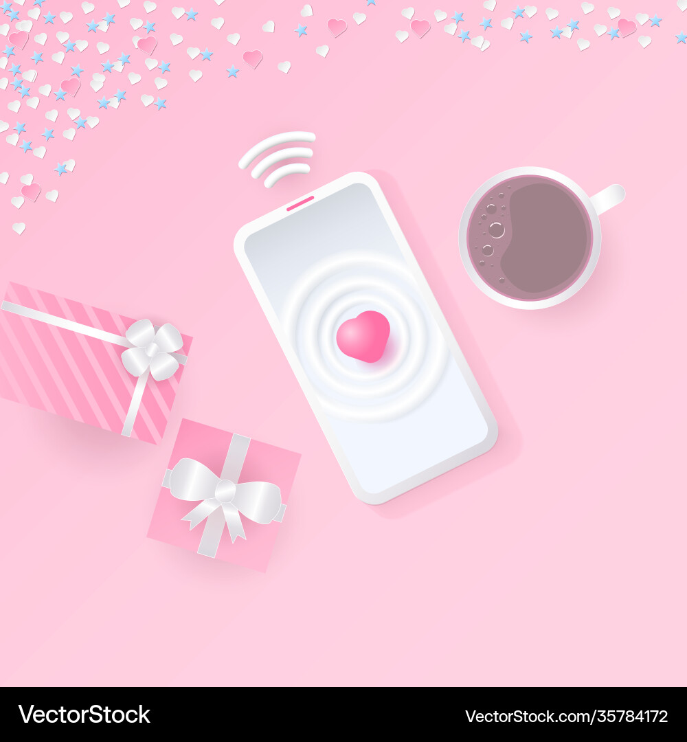 Pink heart on mobile phone with gift box Vector Image