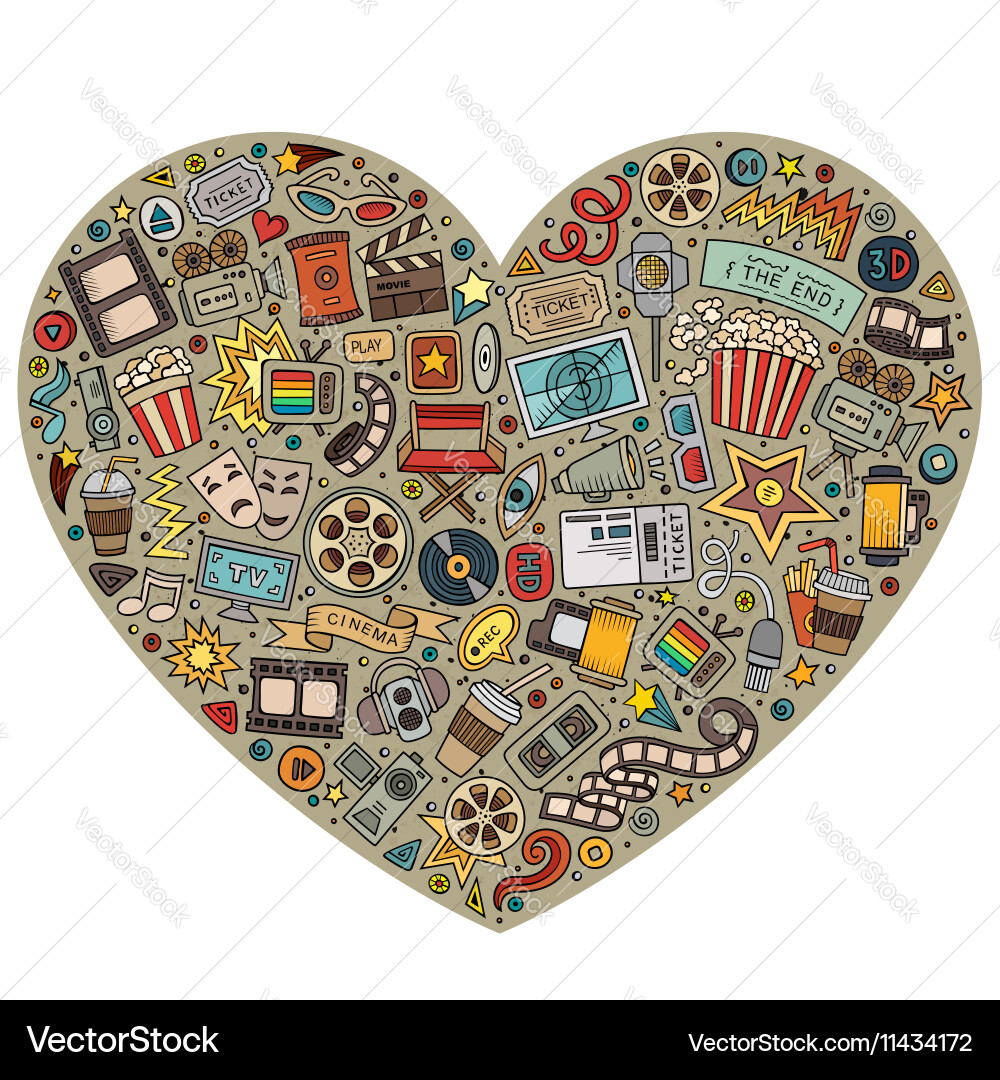 Set of cinema cartoon doodle objects Royalty Free Vector