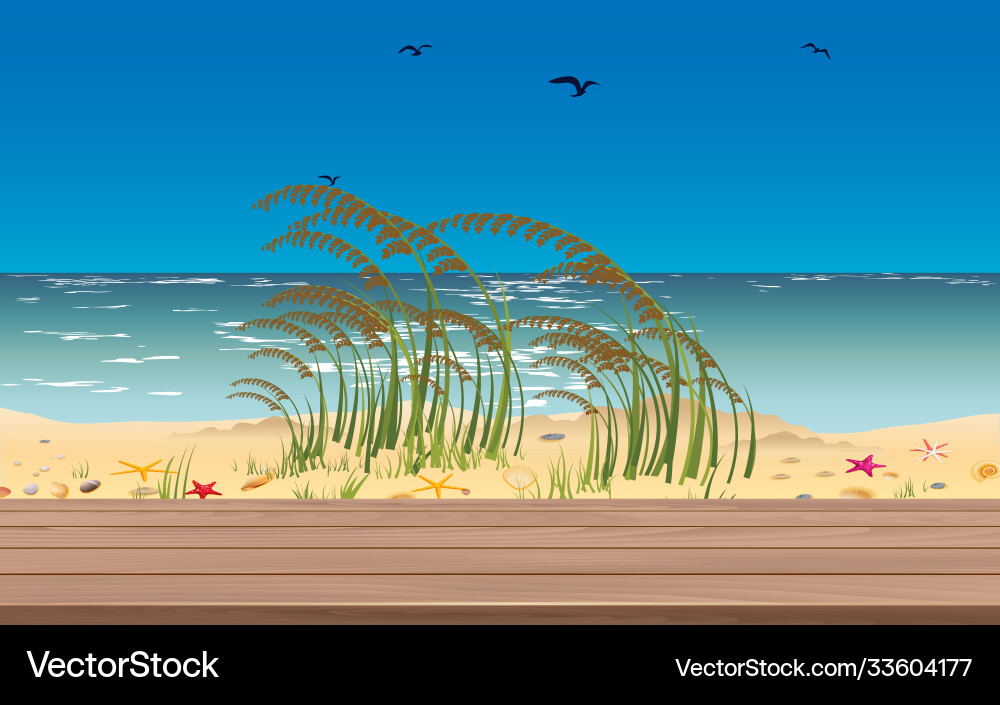Blank wooden table on beach in daytime Royalty Free Vector
