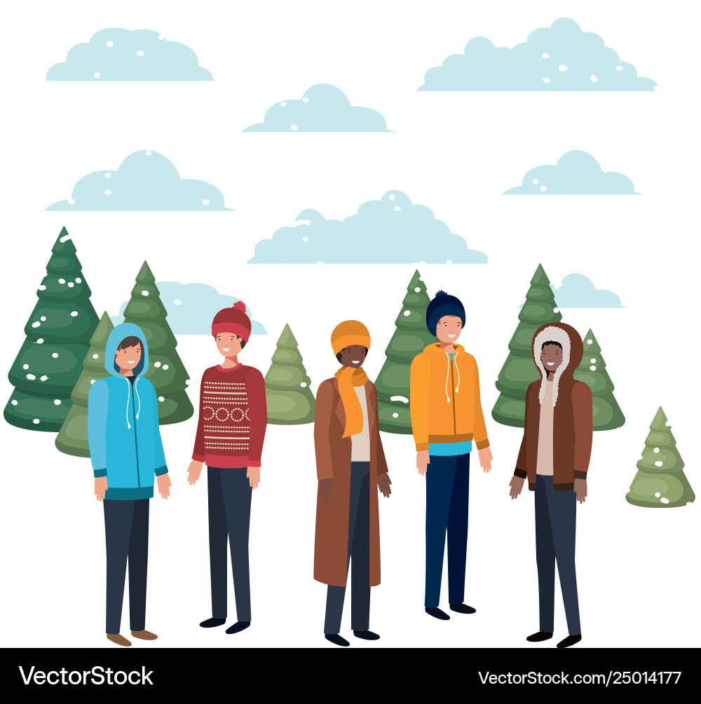 Group people with winter clothes and christmas Vector Image
