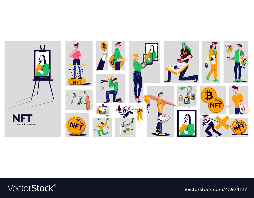 Nft token cryptocurrency flat composition set Vector Image