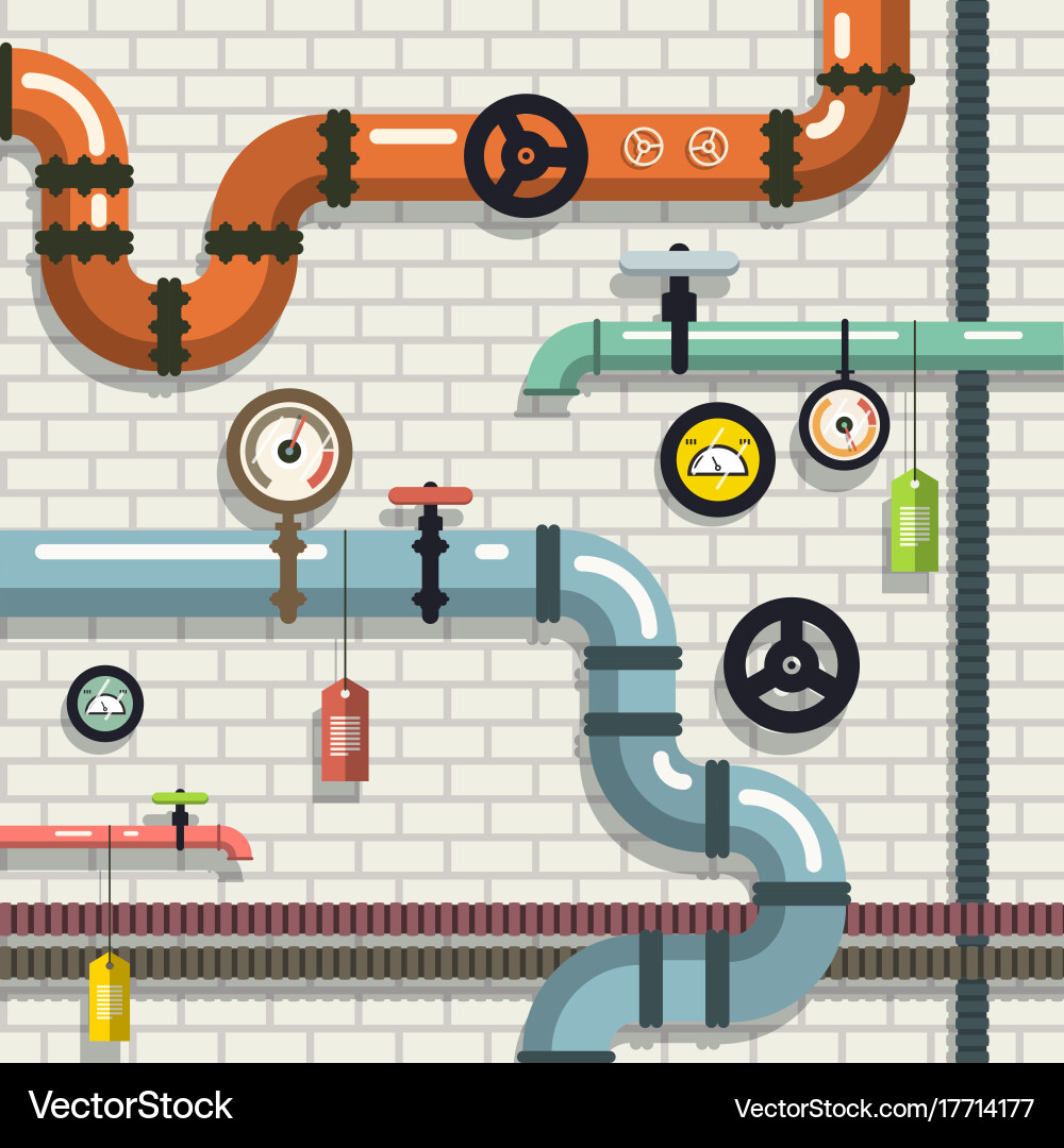 Pipeline flat design plumbing pipes on brick wall Vector Image