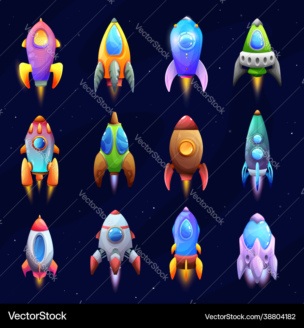 Cartoon spacecraft rockets and spaceships set Vector Image
