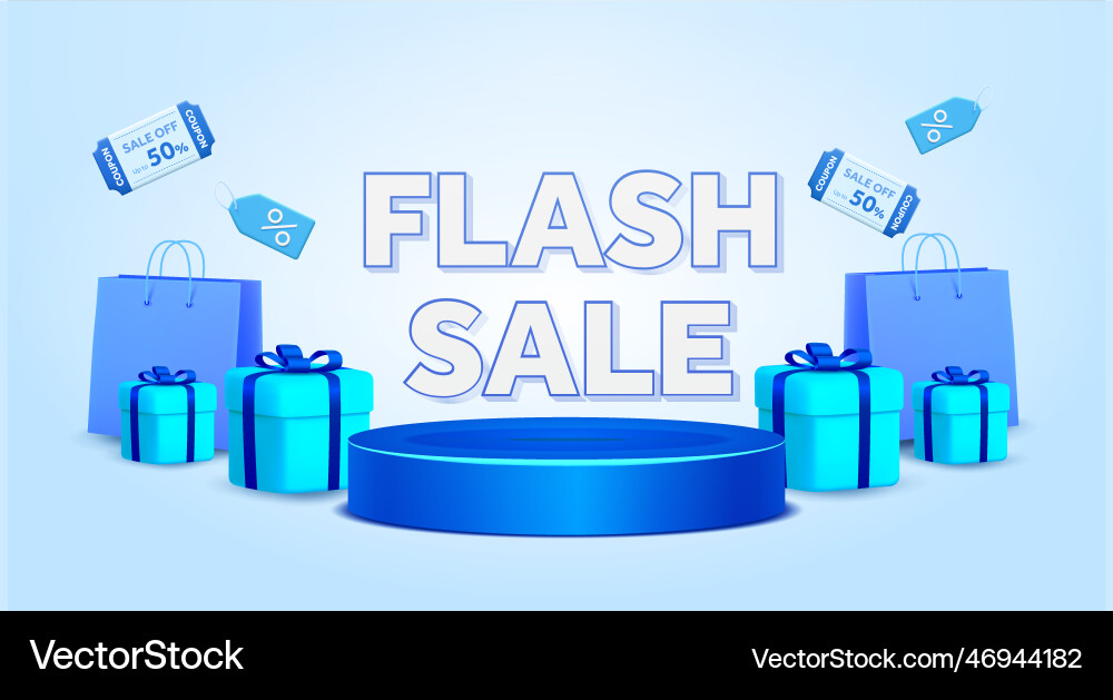 Flash sale text with blue gift box blue bag Vector Image